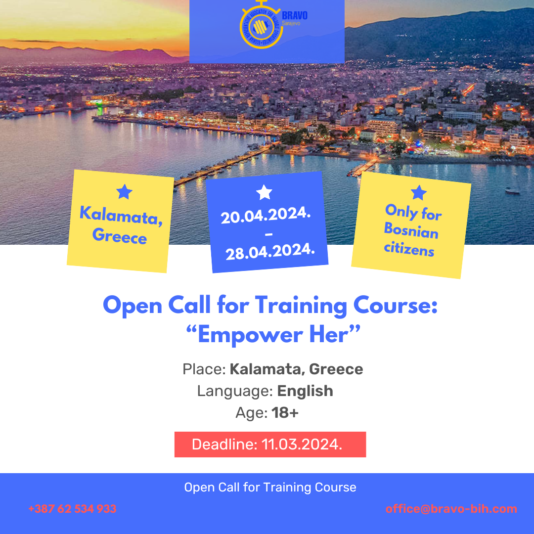 Open call for Training Course "Empower Her" in Kalamata, Greece - BRAVO BiH